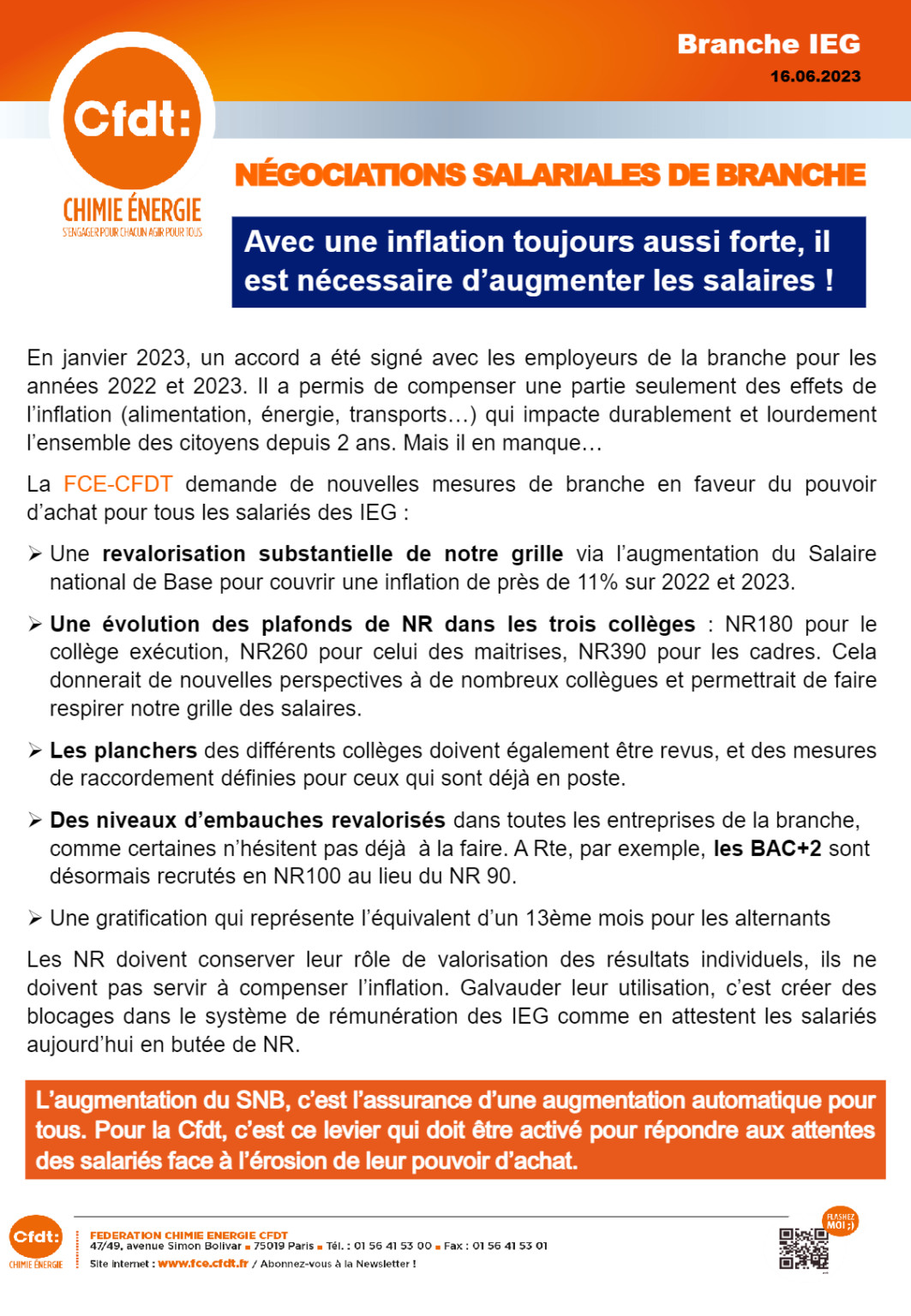 Tract IEG 16 juin 2023 - Negos Salariales clause de revoyure - Fédération Chimie Energie CFDT