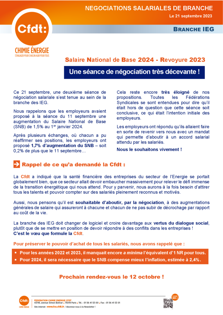 IEG _ Suite CPPNI du 21 sept sur les négociations salariales : une séance de négo très décevante ...