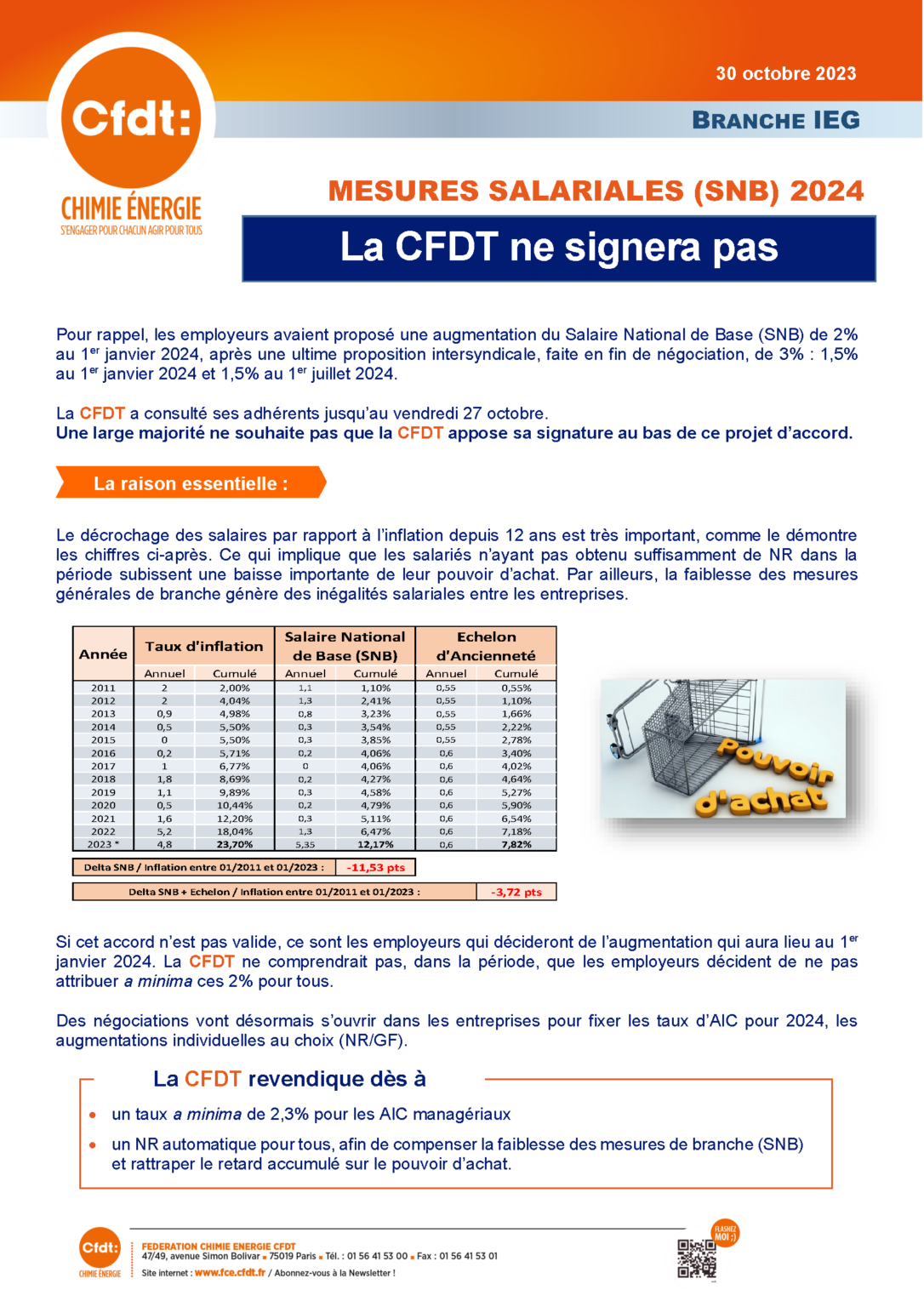 2023_10_30 Tract FCE CFDT - Mesures salariales Branche IEG (SNB) 2024, la CFDT ne signera pas l ...