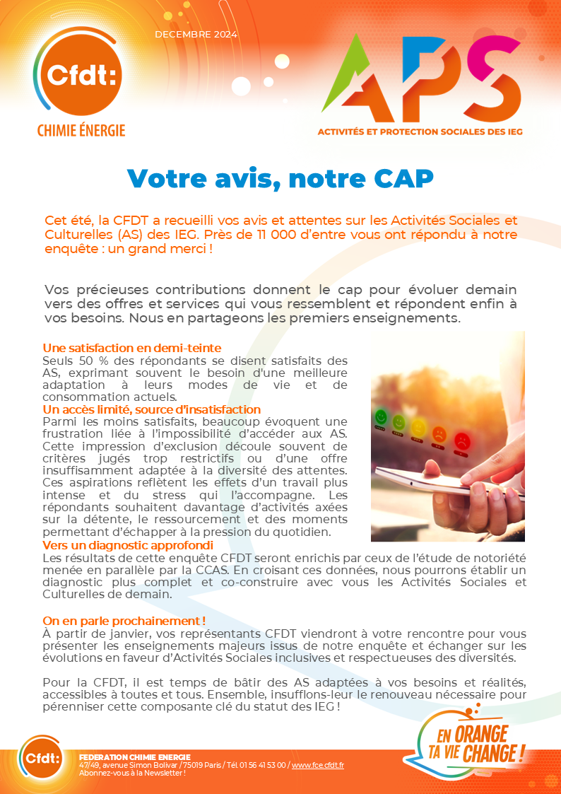 IEG _ Secteur APS _ Tract retour enquête 2024 : Votre avis, notre CAP ...