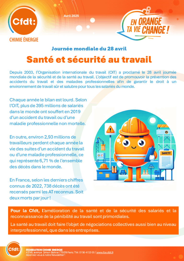 IEG Le 28 avril : journée mondiale de la santé sécurité au travail - Fédération Chimie Energie CFDT